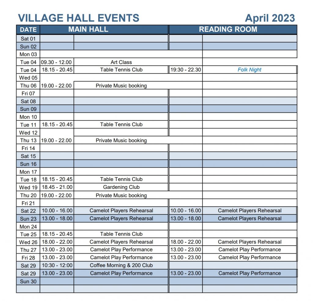 Calendar - North Cadbury Village Hall