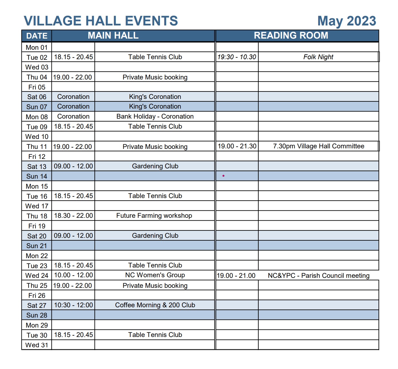 Calendar - North Cadbury Village Hall