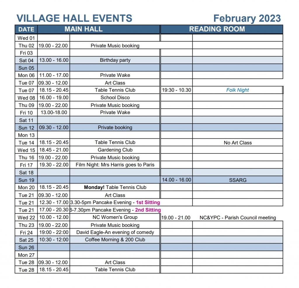 Calendar - North Cadbury Village Hall