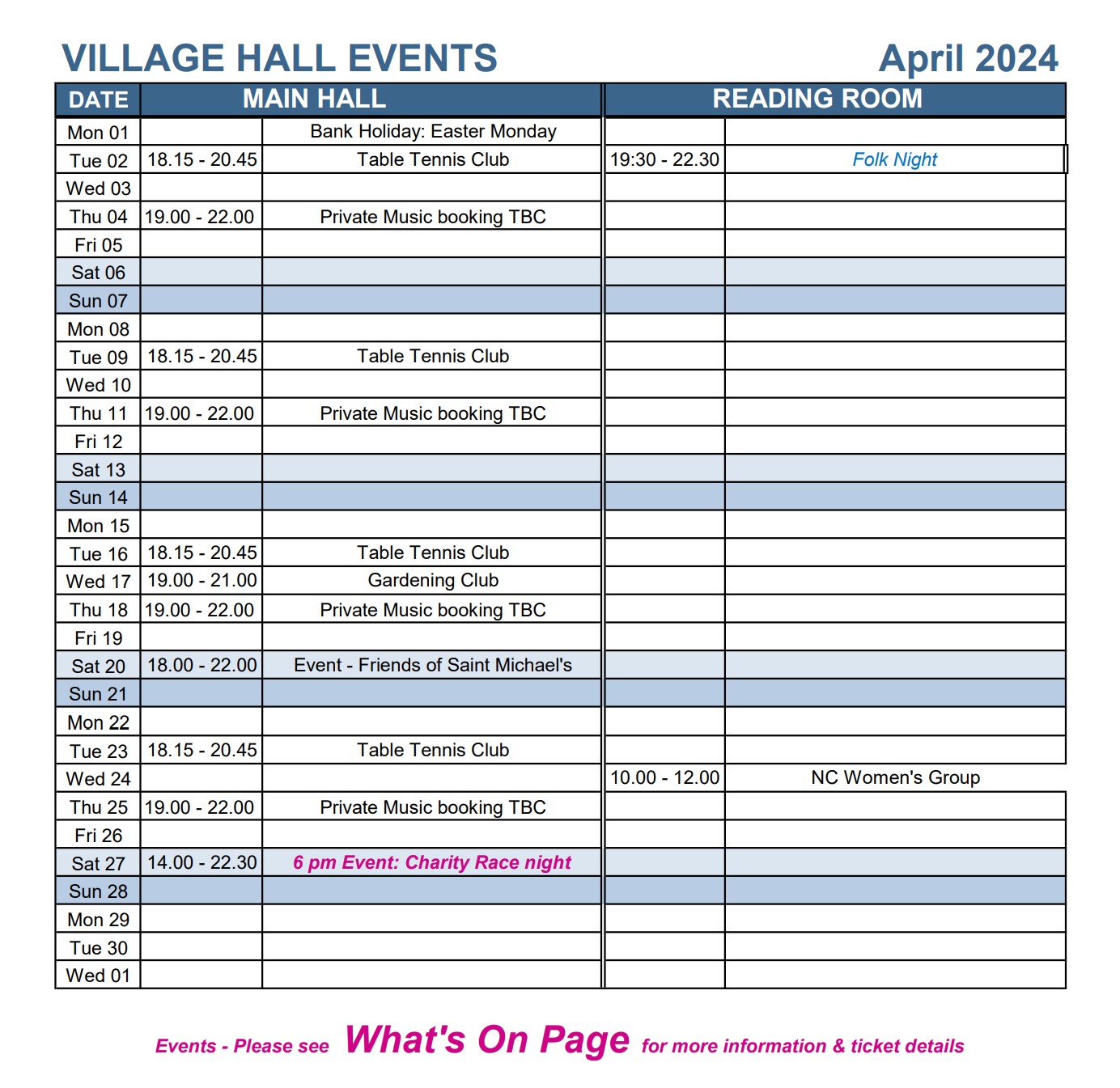 Calendar - North Cadbury Village Hall